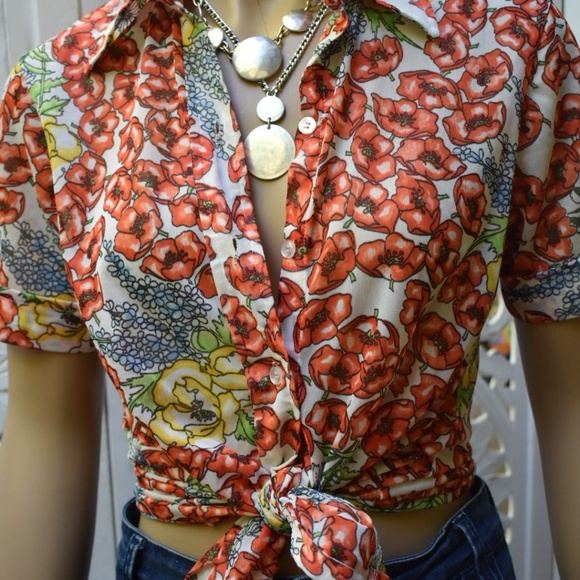 Vintage | Tops | Vintage 7s Silky Poly Floral Poppy Blouse S | Poshmark